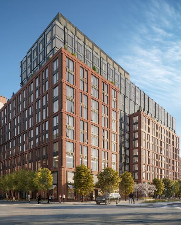 Concept image of exterior corner of the Quinn residences in Boston