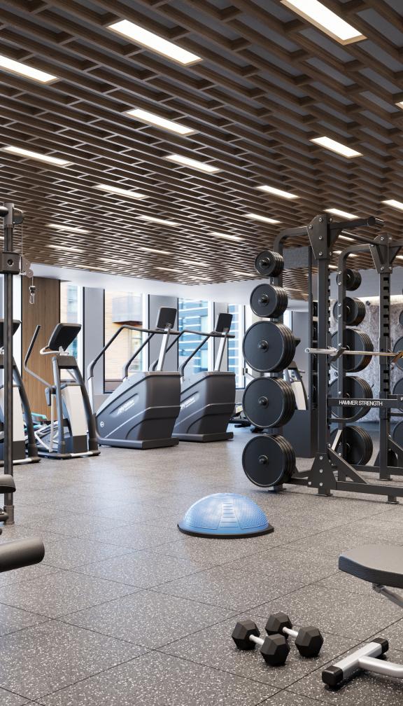 The Quinn fitness center with Hammer Strength squat racks and a built ...